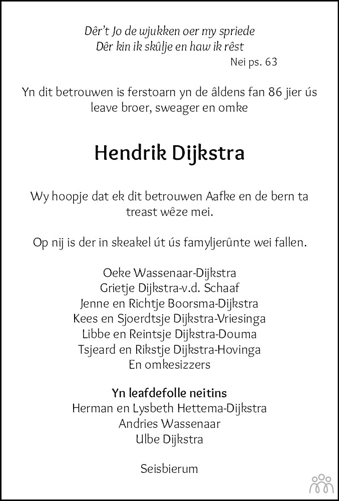 Hendrik Gerrit Dijkstra 02-05-2021 overlijdensbericht en condoleances ...