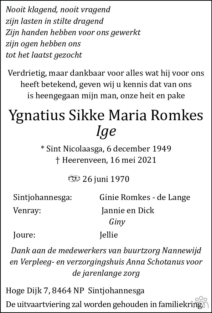 Ygnatius Sikke Maria (Ige) Romkes 16-05-2021 overlijdensbericht en ...