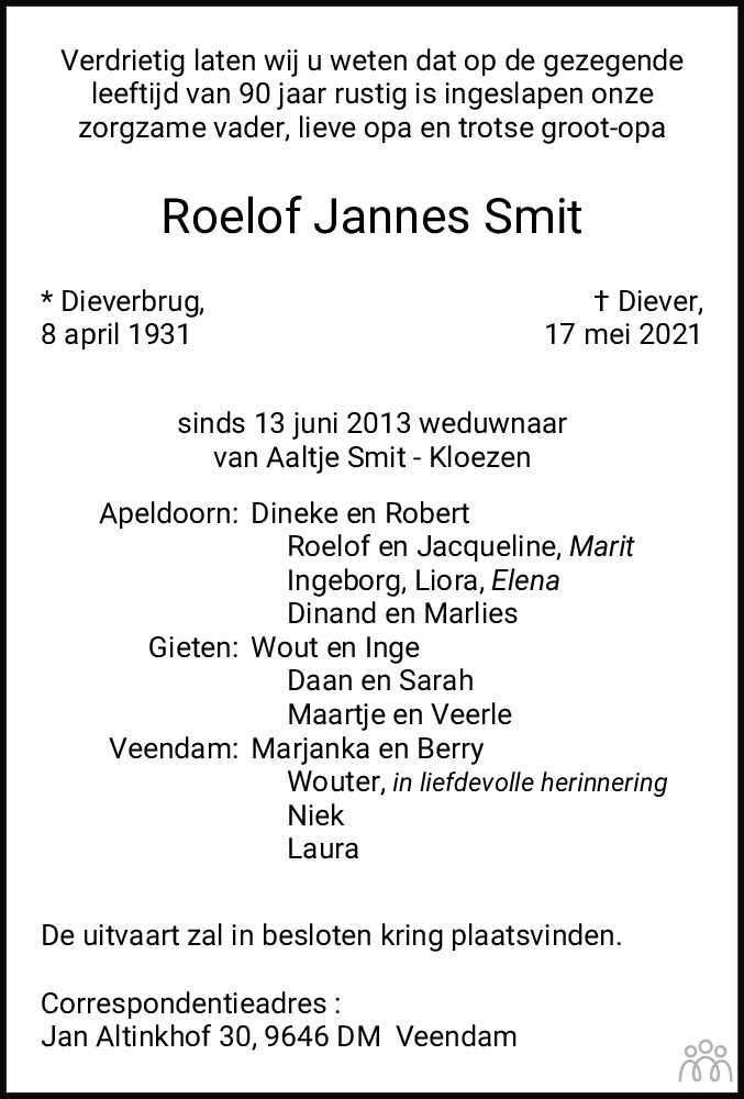 Roelof Jannes Smit 17-05-2021 overlijdensbericht en condoleances ...