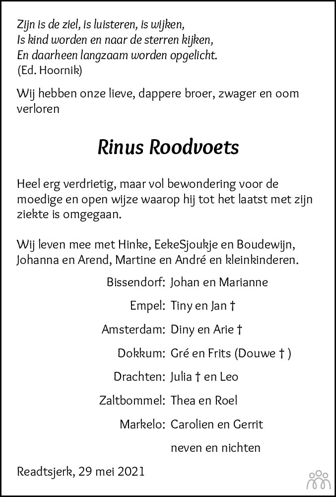Marienus Adriaan Theo Roodvoets 29-05-2021 overlijdensbericht en ...