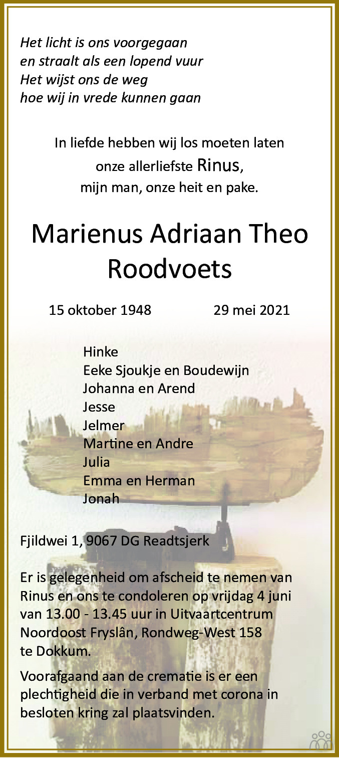 Marienus Adriaan Theo Roodvoets 29-05-2021 overlijdensbericht en ...