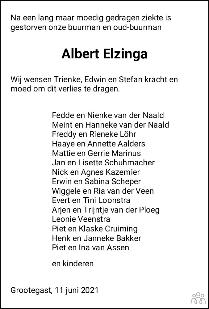 Albert Meindert Elzinga 11-06-2021 overlijdensbericht en condoleances ...