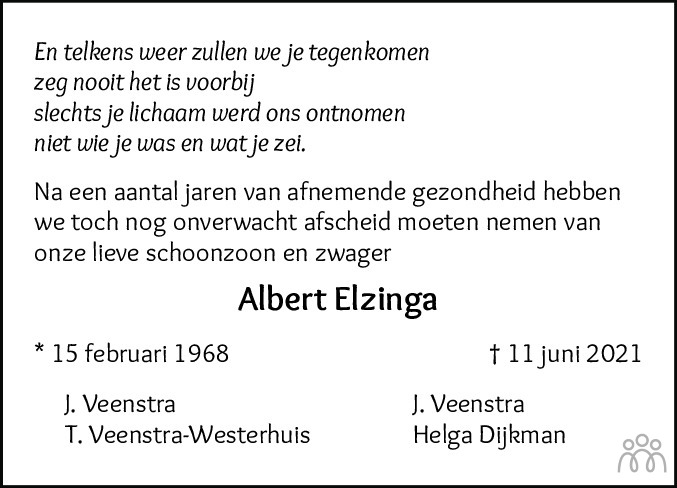 Albert Meindert Elzinga 11-06-2021 overlijdensbericht en condoleances ...