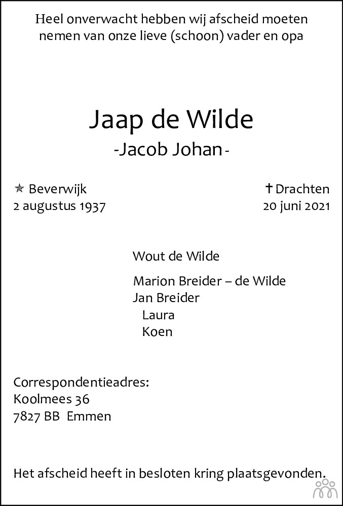 Jaap (Jacob Johan) de Wilde 20-06-2021 overlijdensbericht en ...