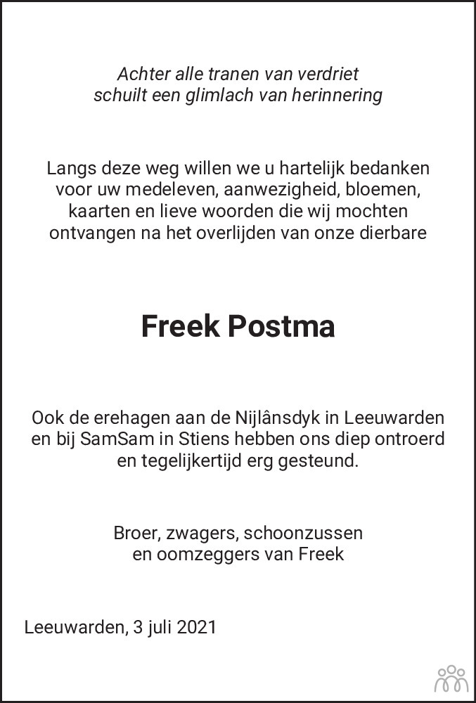 Freek Postma 17-05-2021 overlijdensbericht en condoleances - Mensenlinq.nl