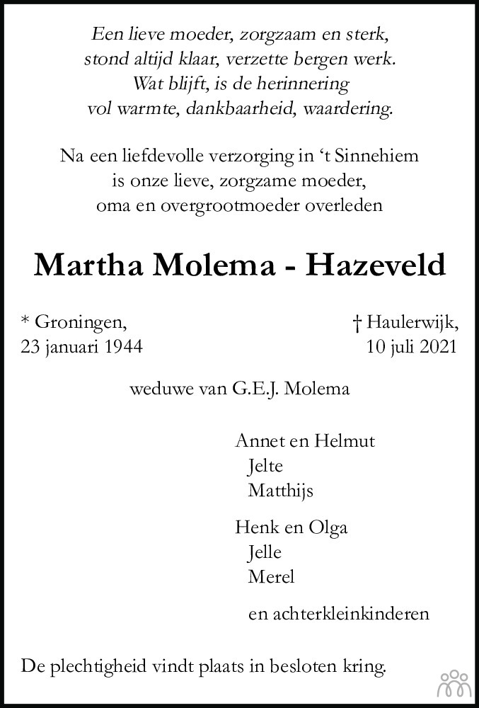 Martha Molema-Hazeveld 10-07-2021 overlijdensbericht en condoleances ...