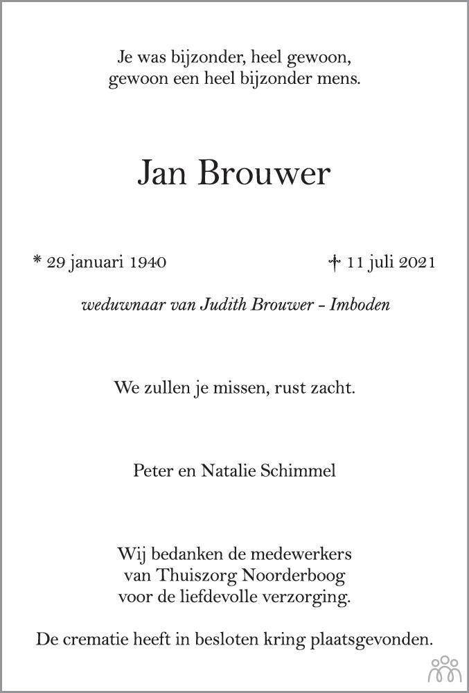 Jan Brouwer 11-07-2021 overlijdensbericht en condoleances - Mensenlinq.nl