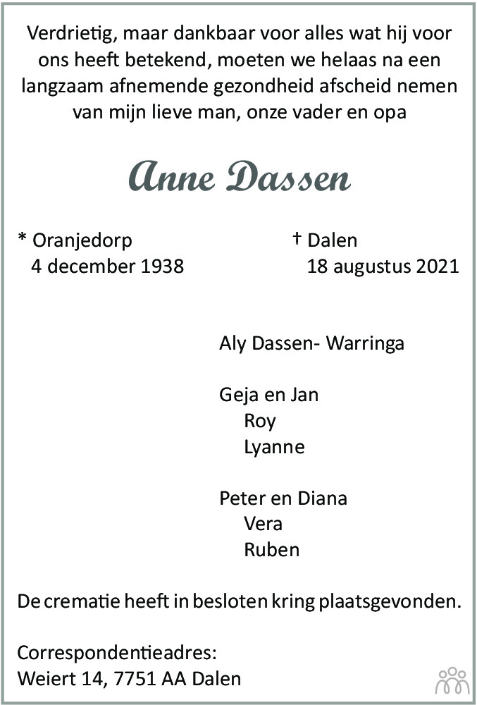 Anne Dassen 18-08-2021 overlijdensbericht en condoleances - Mensenlinq.nl