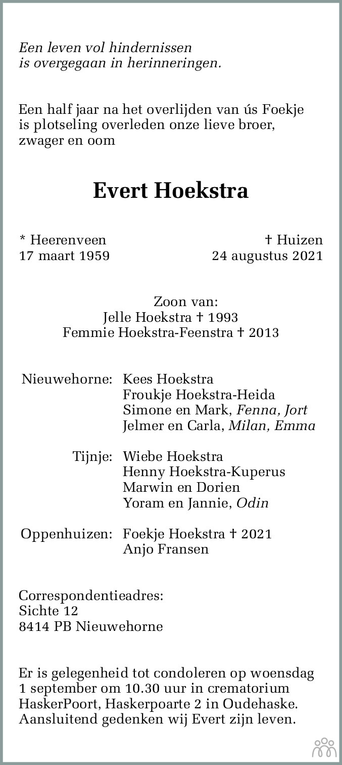 Evert Hoekstra 24-08-2021 overlijdensbericht en condoleances - Mensenlinq.nl