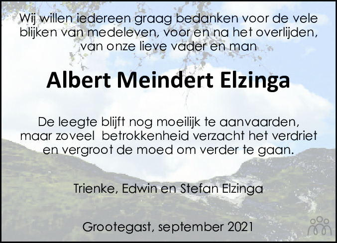 Albert Meindert Elzinga 11-06-2021 overlijdensbericht en condoleances ...