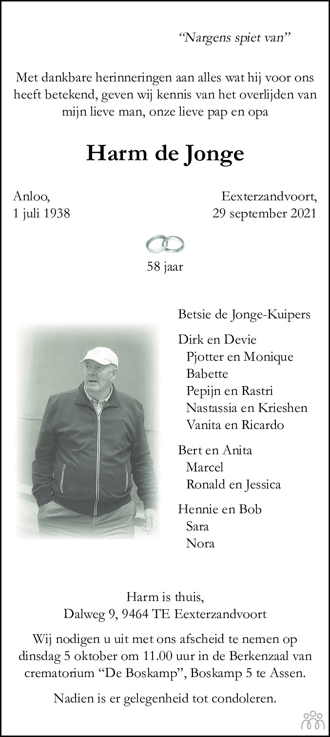 Harm de Jonge 29-09-2021 overlijdensbericht en condoleances - Mensenlinq.nl