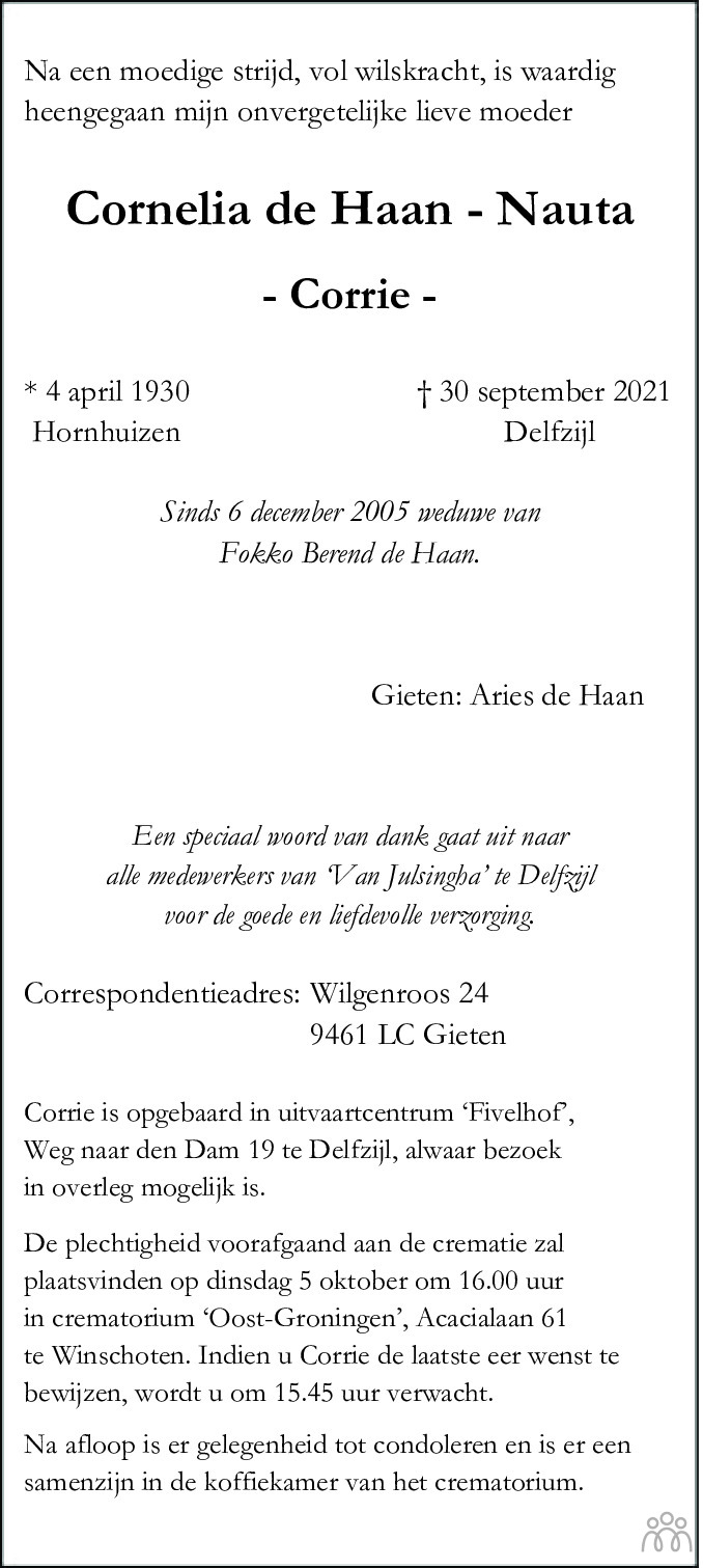 Cornelia (Corrie) de Haan-Nauta 30-09-2021 overlijdensbericht en ...