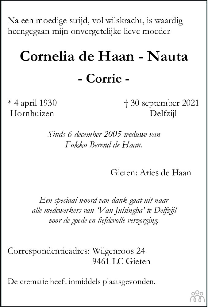 Cornelia (Corrie) de Haan-Nauta 30-09-2021 overlijdensbericht en ...