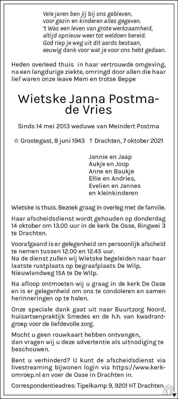 Wietske Janna Postma-de Vries 07-10-2021 overlijdensbericht en condoleances - Mensenlinq.nl