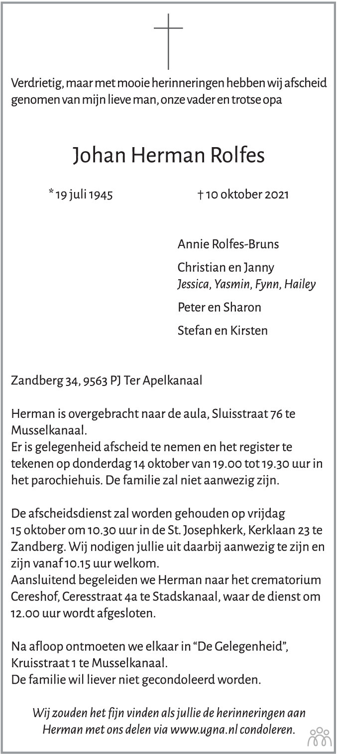 Johan Herman Rolfes 10-10-2021 overlijdensbericht en condoleances ...