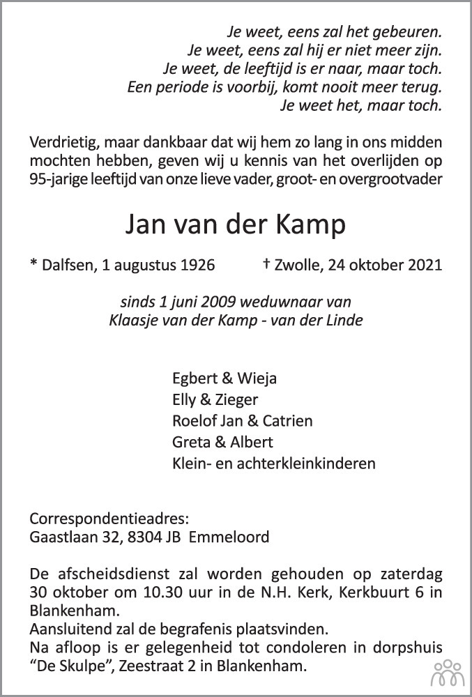 Jan van der Kamp 24-10-2021 overlijdensbericht en condoleances - Mensenlinq.nl