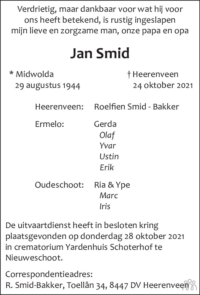 Jan Smid 24-10-2021 overlijdensbericht en condoleances - Mensenlinq.nl
