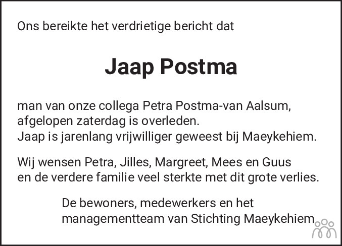 Jaap Postma 13-11-2021 overlijdensbericht en condoleances - Mensenlinq.nl