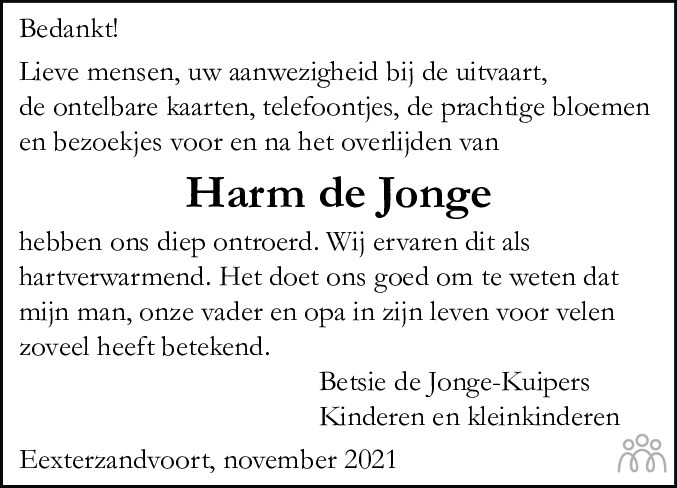 Harm de Jonge 29-09-2021 overlijdensbericht en condoleances - Mensenlinq.nl