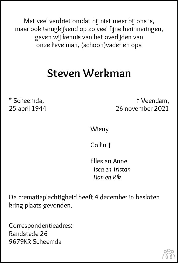 Steven Werkman 26-11-2021 overlijdensbericht en condoleances ...