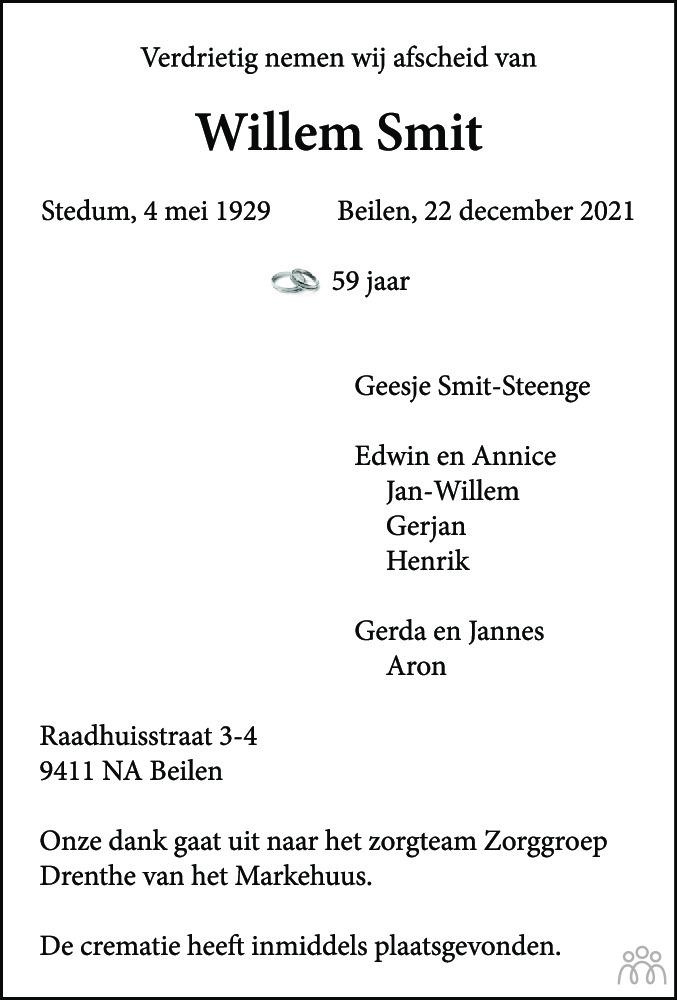 Willem Smit 22-12-2021 overlijdensbericht en condoleances - Mensenlinq.nl