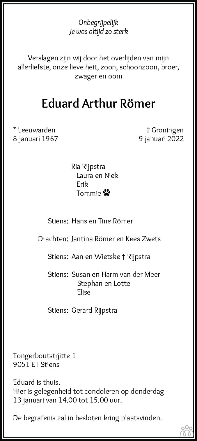 Eduard Arthur Römer 09-01-2022 overlijdensbericht en condoleances ...