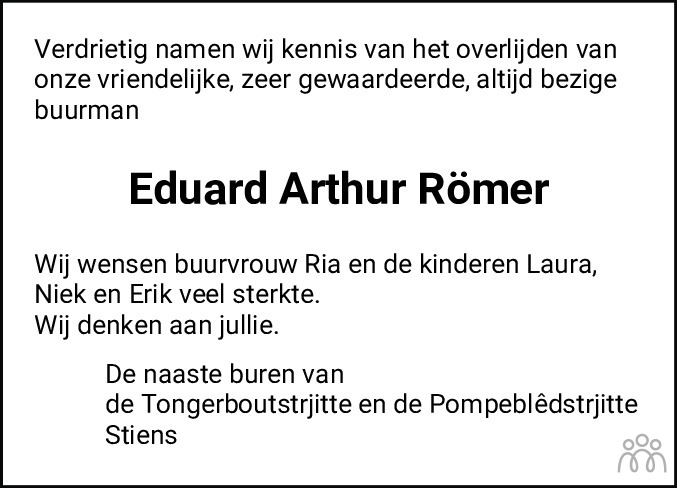 Eduard Arthur Römer 09-01-2022 overlijdensbericht en condoleances ...