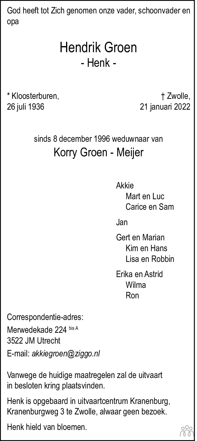 Henk Groen 21-01-2022 overlijdensbericht en condoleances - Mensenlinq.nl
