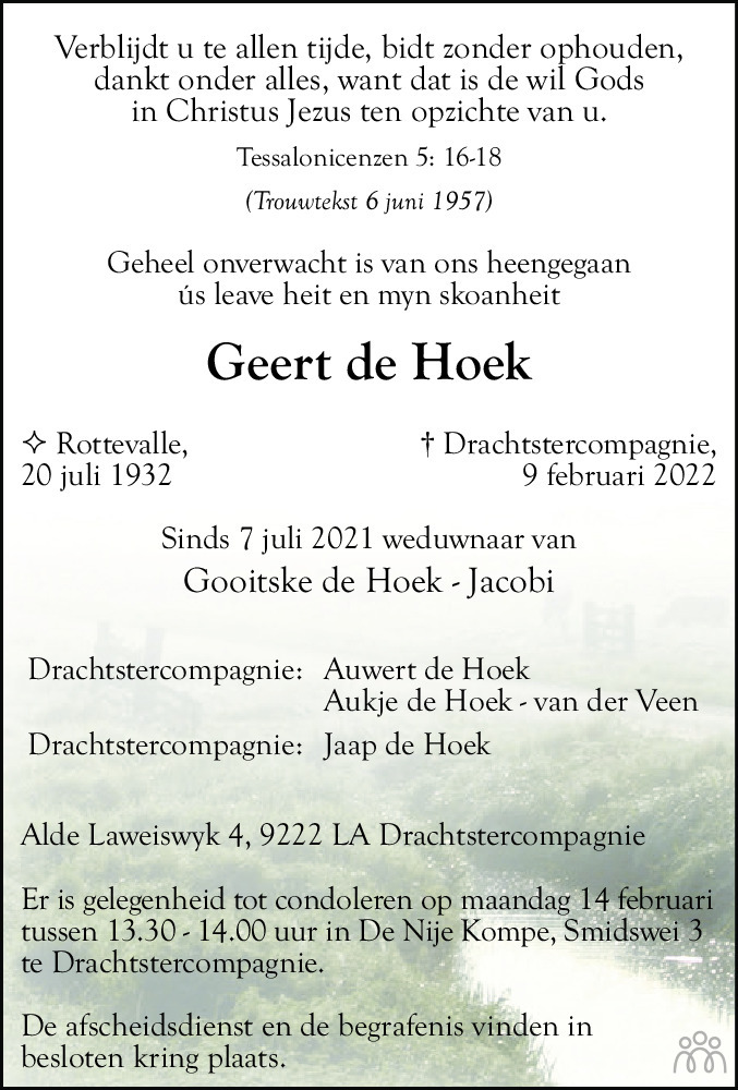 Geert de Hoek 09-02-2022 overlijdensbericht en condoleances - Mensenlinq.nl