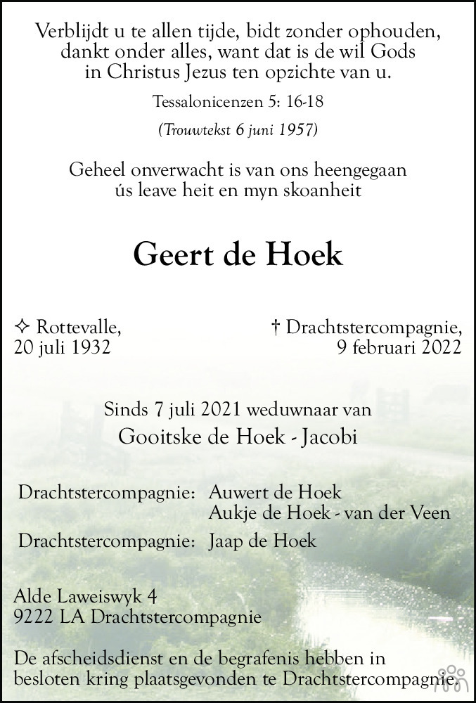 Geert de Hoek 09-02-2022 overlijdensbericht en condoleances - Mensenlinq.nl