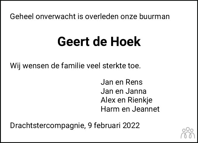 Geert de Hoek 09-02-2022 overlijdensbericht en condoleances - Mensenlinq.nl