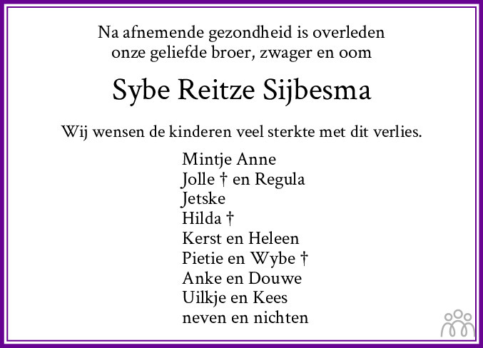 Sybe Reitze Sijbesma 15-02-2022 overlijdensbericht en condoleances ...