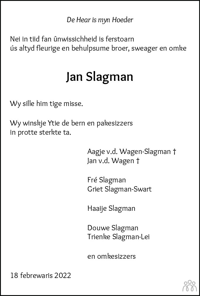 Jan Slagman 18-02-2022 overlijdensbericht en condoleances - Mensenlinq.nl