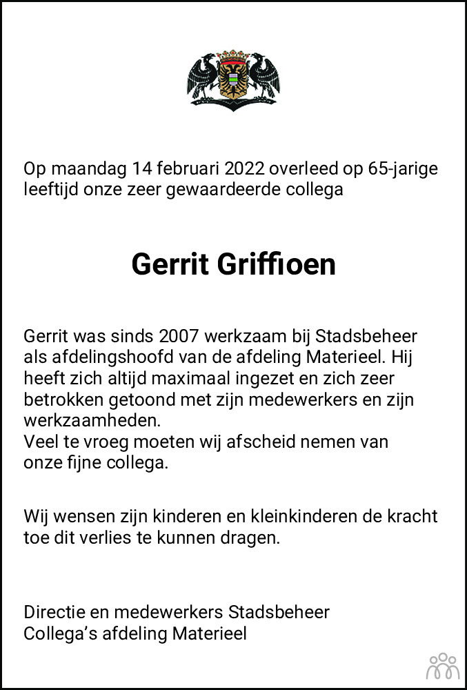 Gerrit Griffioen 14-02-2022 overlijdensbericht en condoleances ...