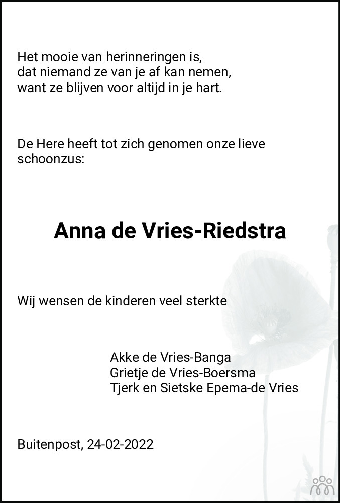 Anna de Vries-Riedstra 24-02-2022 overlijdensbericht en condoleances ...