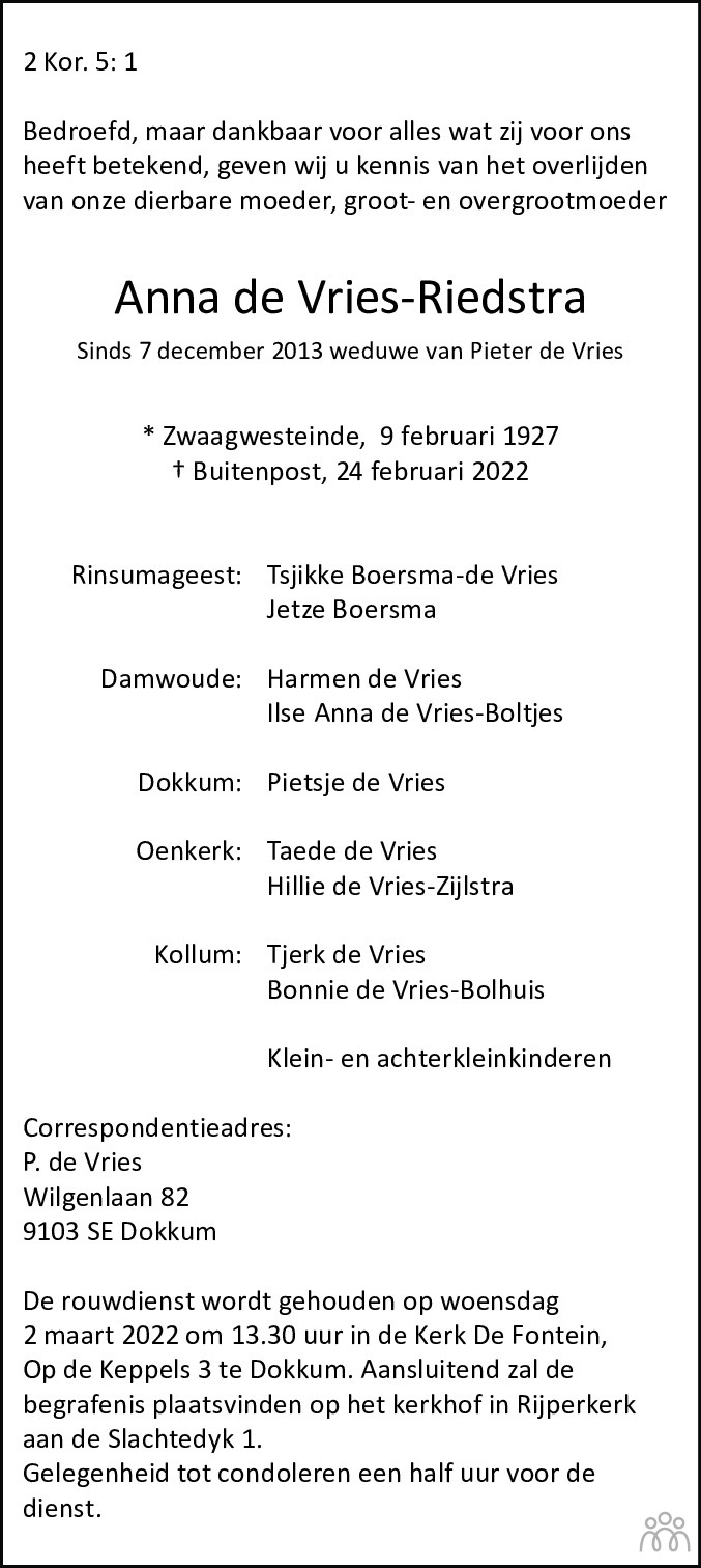Anna de Vries-Riedstra 24-02-2022 overlijdensbericht en condoleances ...