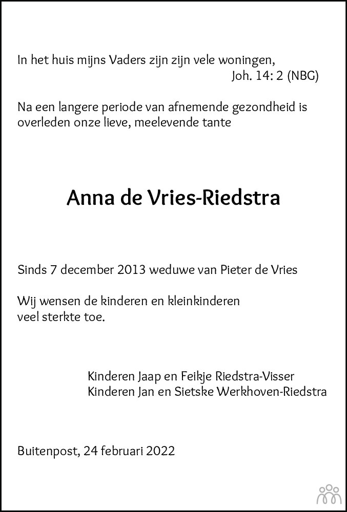 Anna de Vries-Riedstra 24-02-2022 overlijdensbericht en condoleances ...