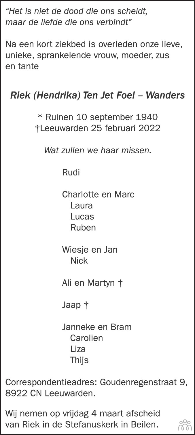 Riek (Hendrika) Ten Jet Foei-Wanders 25-02-2022 overlijdensbericht en ...