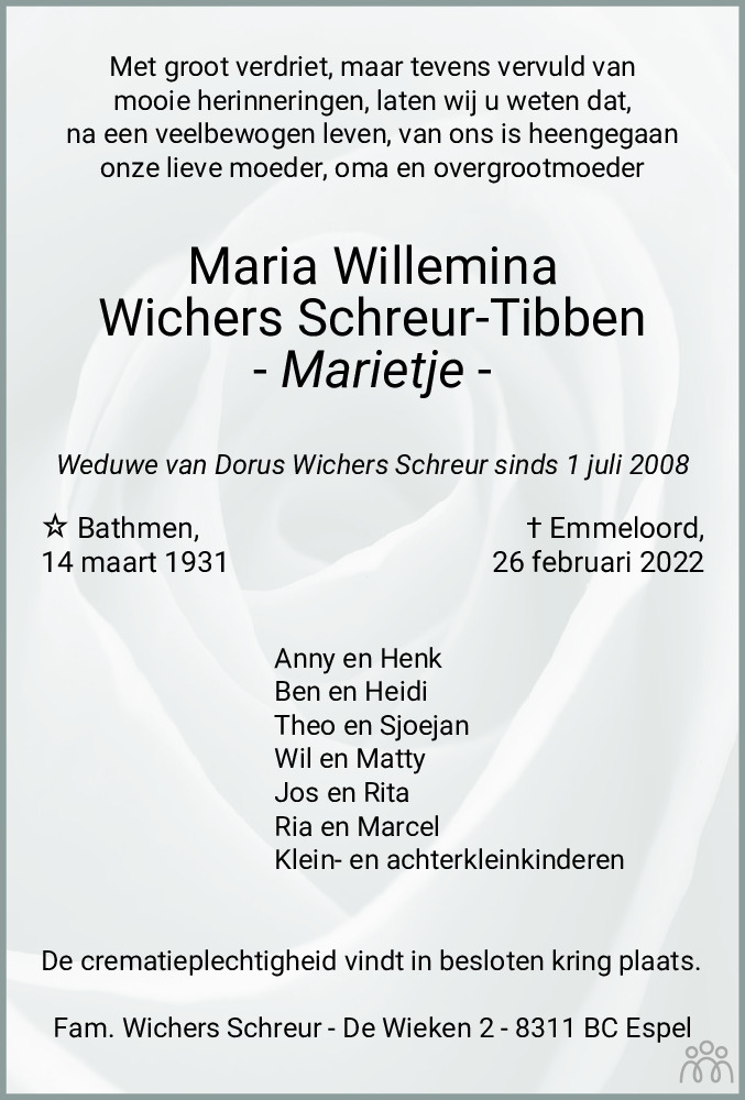 Maria Willemina (Marietje) Wichers Schreur-Tibben 26-02-2022 ...