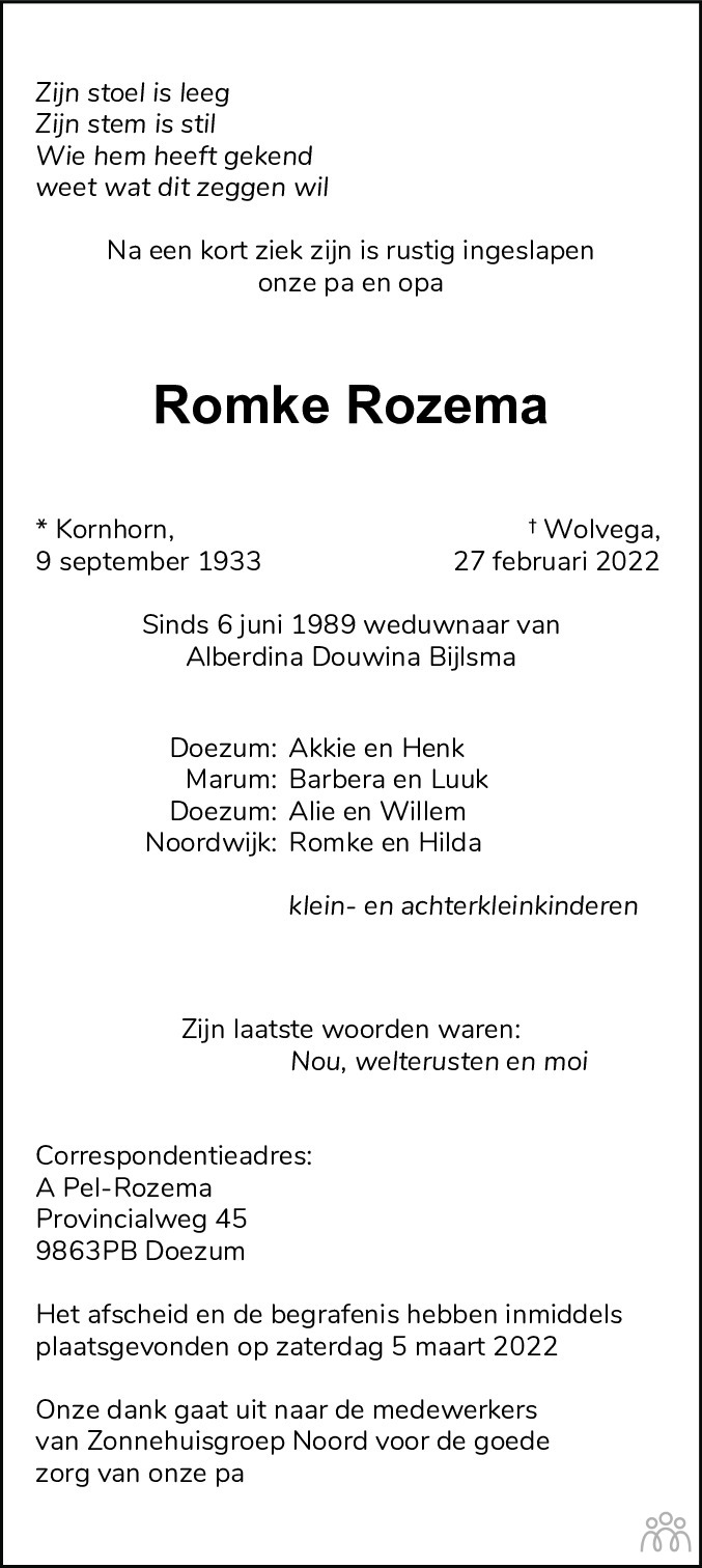 Romke Rozema 27-02-2022 overlijdensbericht en condoleances - Mensenlinq.nl