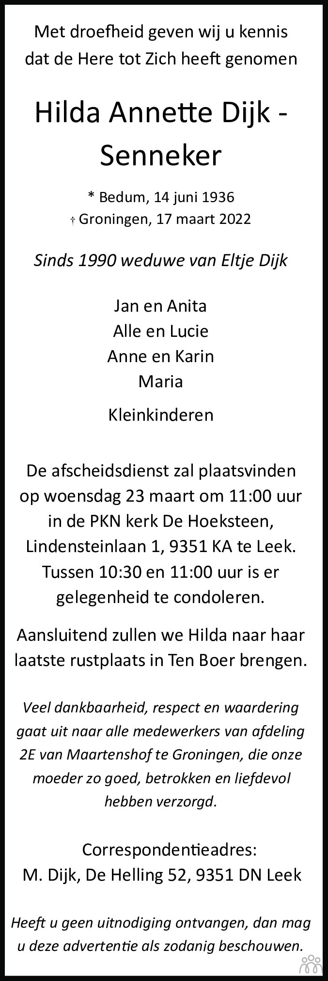 Hilda Annette Dijk-Senneker 17-03-2022 overlijdensbericht en ...