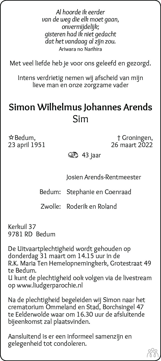 Sim (Simon Wilhelmus Johannes) Arends 26-03-2022 overlijdensbericht en ...