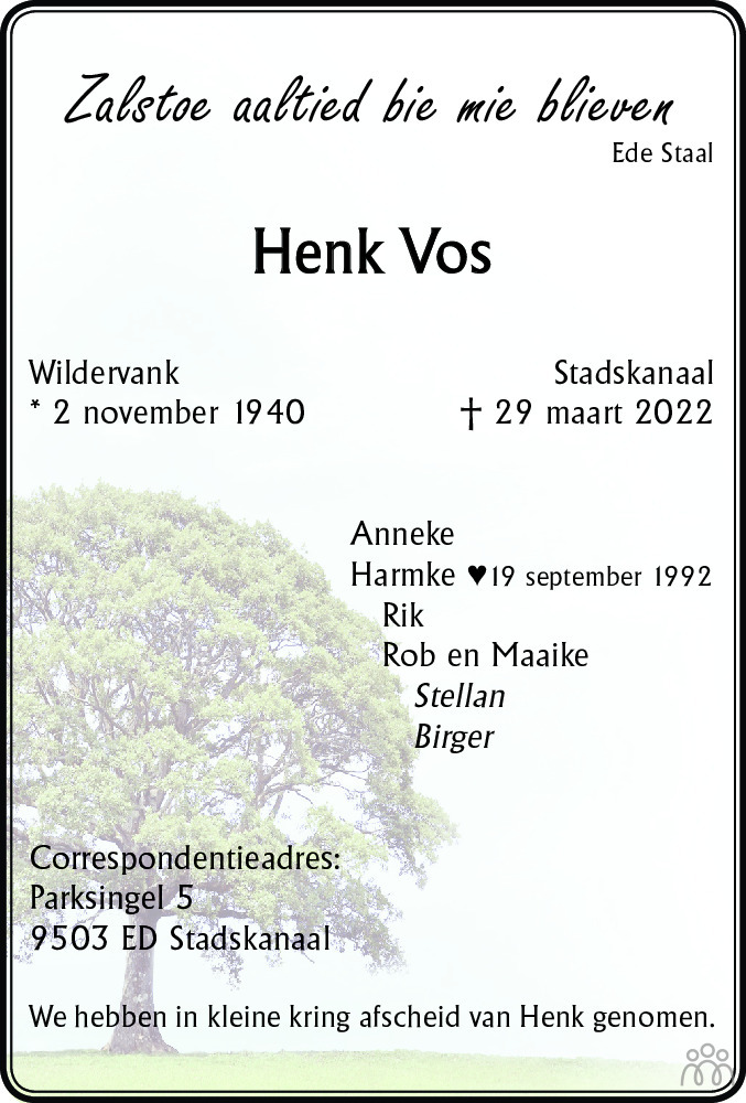 Henk Vos 29-03-2022 overlijdensbericht en condoleances - Mensenlinq.nl