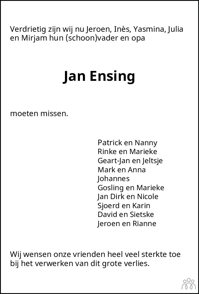 Johannes Bernardus (Jan) Ensing 05-04-2022 overlijdensbericht en ...