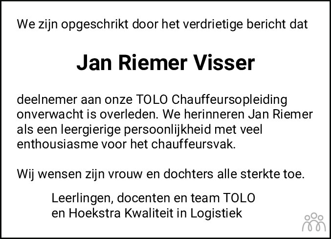 Jan Riemer Visser 11-04-2022 overlijdensbericht en condoleances ...