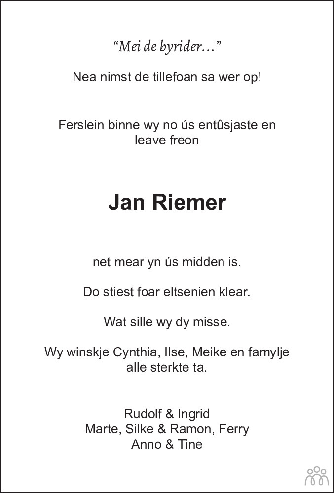 Jan Riemer Visser 11-04-2022 overlijdensbericht en condoleances ...