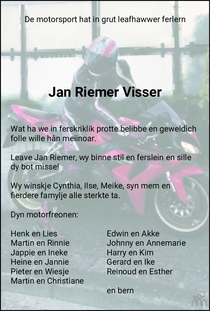 Jan Riemer Visser 11-04-2022 overlijdensbericht en condoleances ...