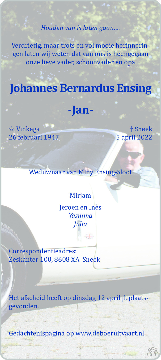 Johannes Bernardus (Jan) Ensing 05-04-2022 overlijdensbericht en condoleances - Mensenlinq.nl