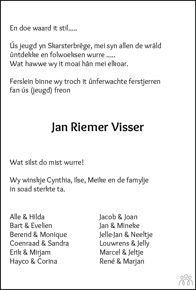 Jan Riemer Visser 11-04-2022 overlijdensbericht en condoleances ...