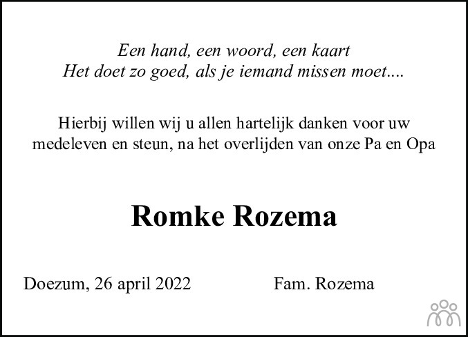 Romke Rozema 27-02-2022 overlijdensbericht en condoleances - Mensenlinq.nl